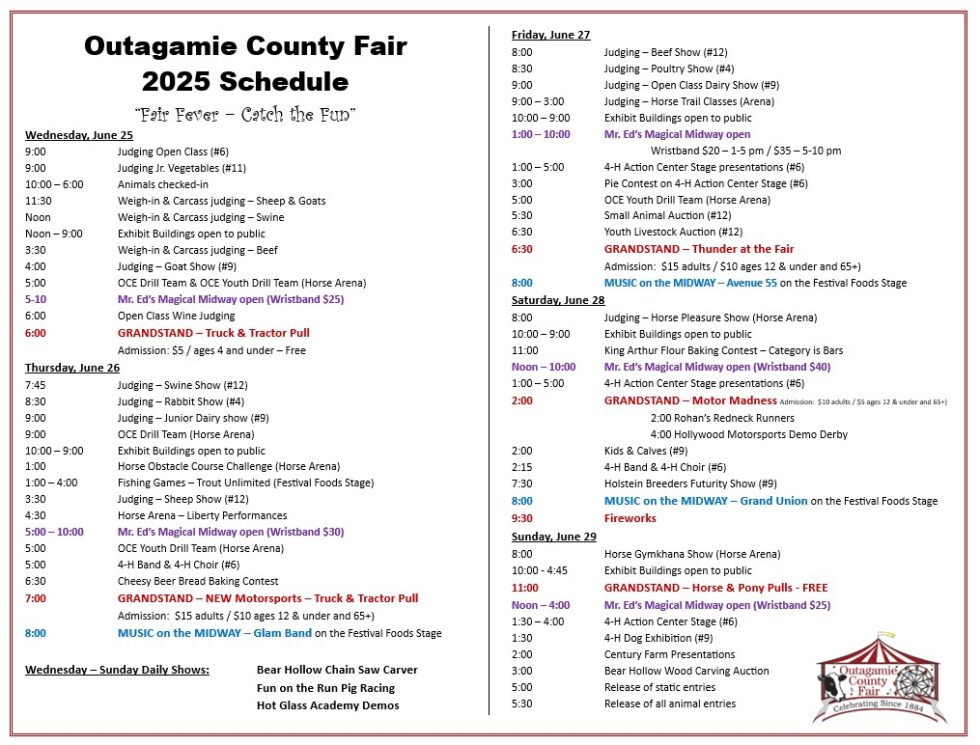 Daily Fair Schedule - Outagamie County Fair